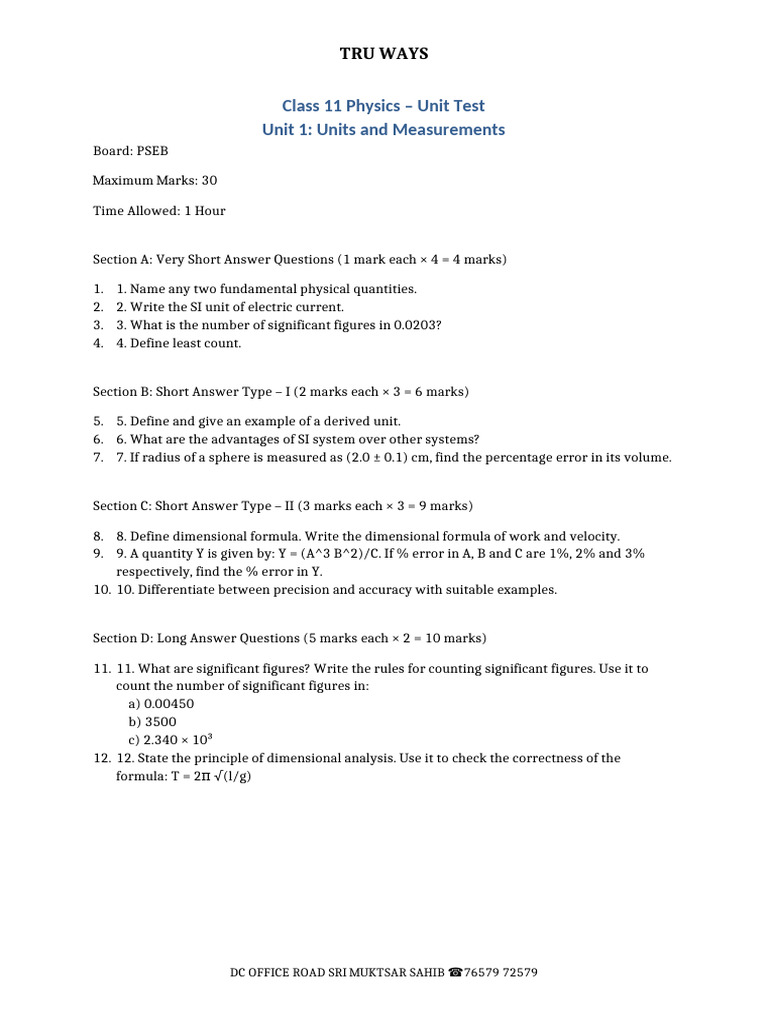 Physics Test Units and Measurements PSEB TRUWAYS | PDF
