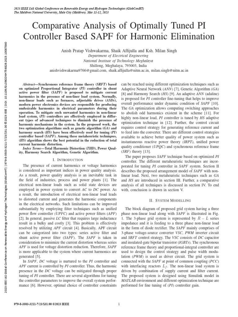 Comparative Analysis of Optimally Tuned PI Controller Based SAPF For Harmonic El | PDF | Power ...
