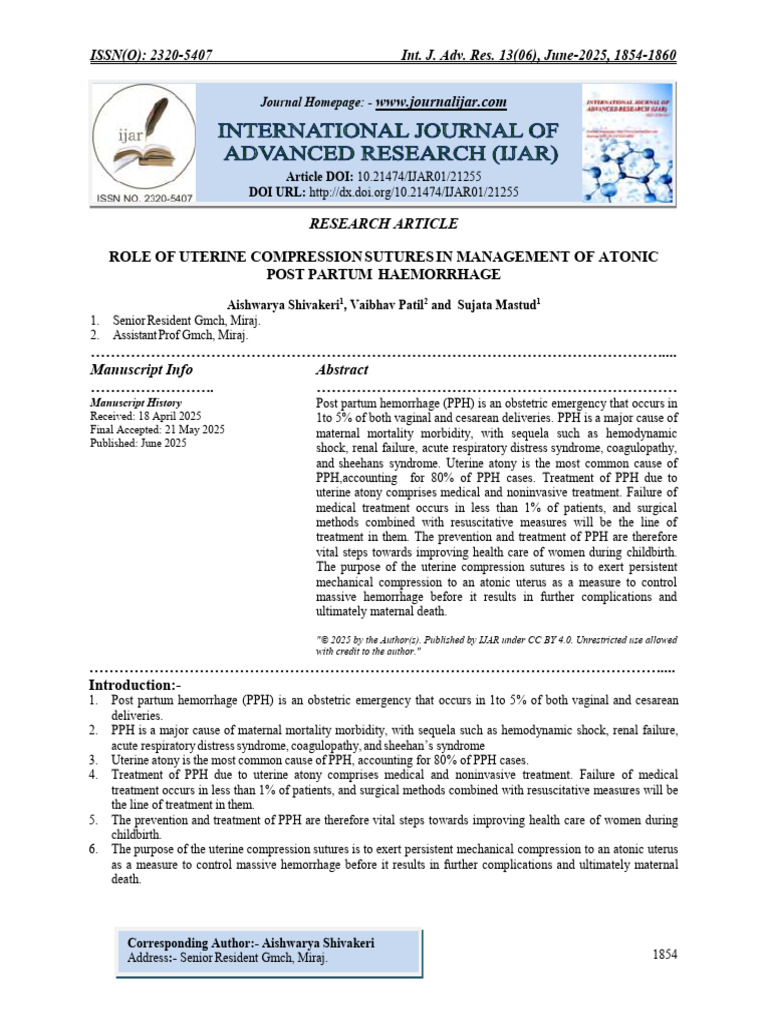 Role of Uterine Compression Sutures in Management of Atonic Post Partum ...
