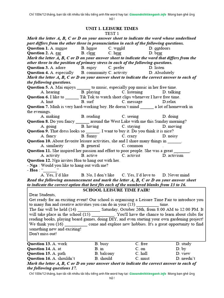 Đề Kiểm Tra Theo Từng Unit -Tiếng Anh 8 - Global Success Form 2025- Có Đáp Án Hk1 Gs 8 | PDF ...