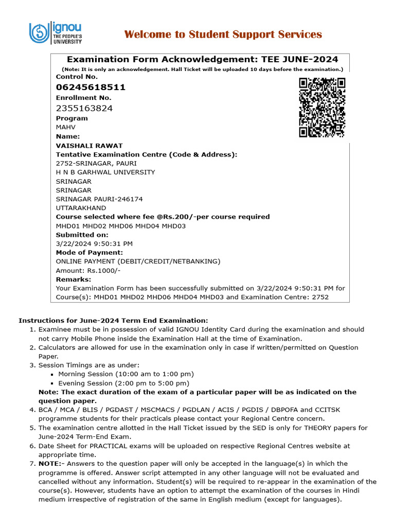 IGNOU - Examination Form Acknowledgement | PDF