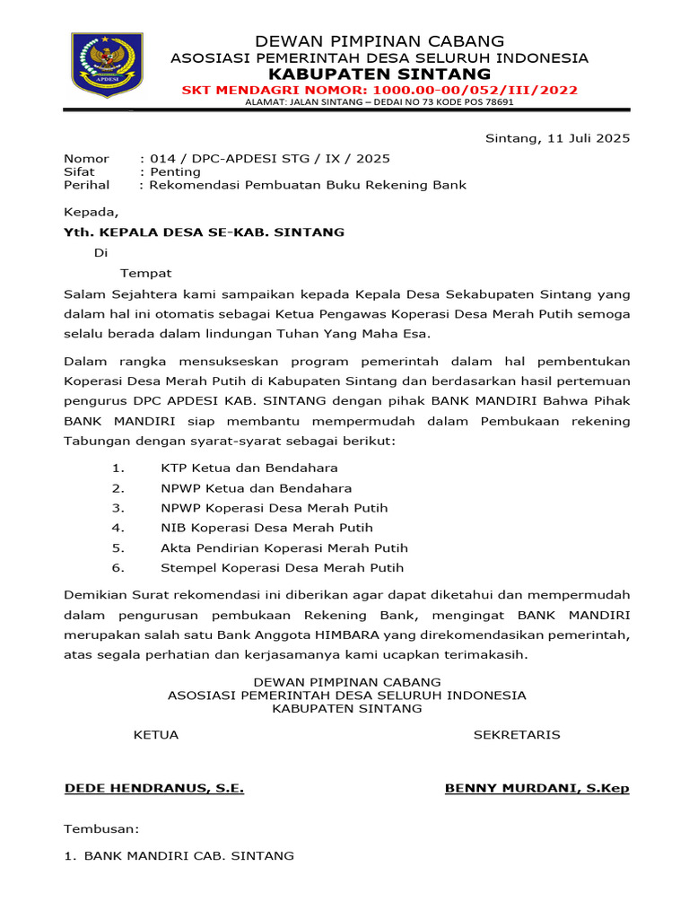 Rekomendasi Pembukaan Rekening Koperasi | PDF