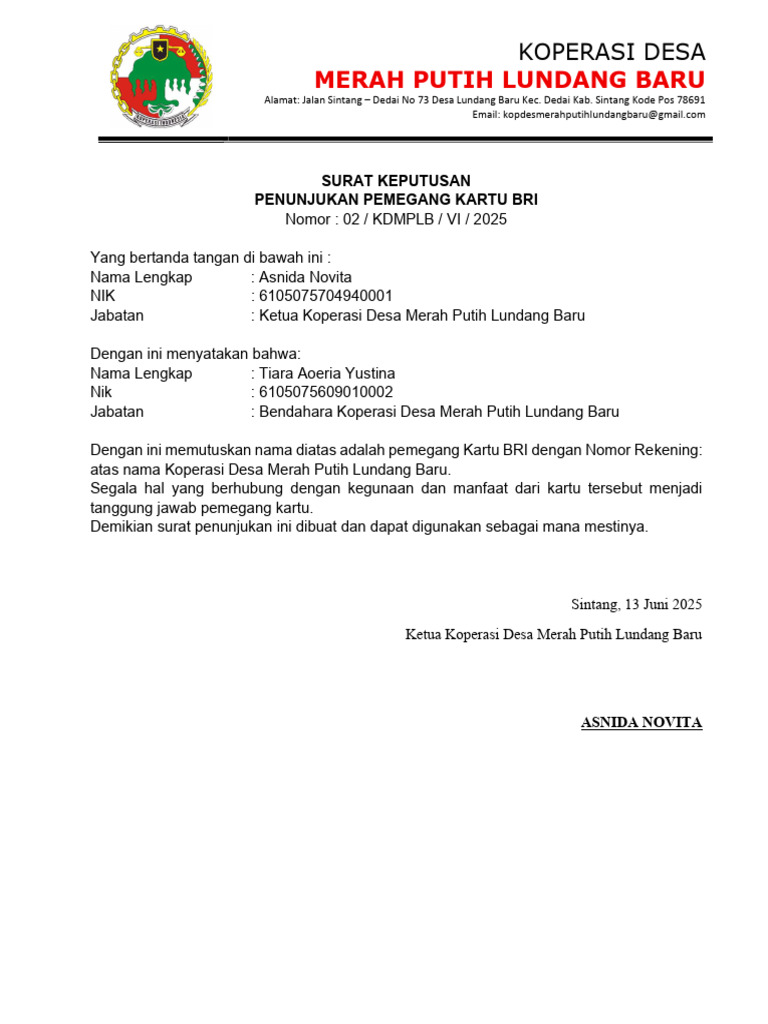 Penunjukan Pemegang Kartu BRI Koperasi | PDF