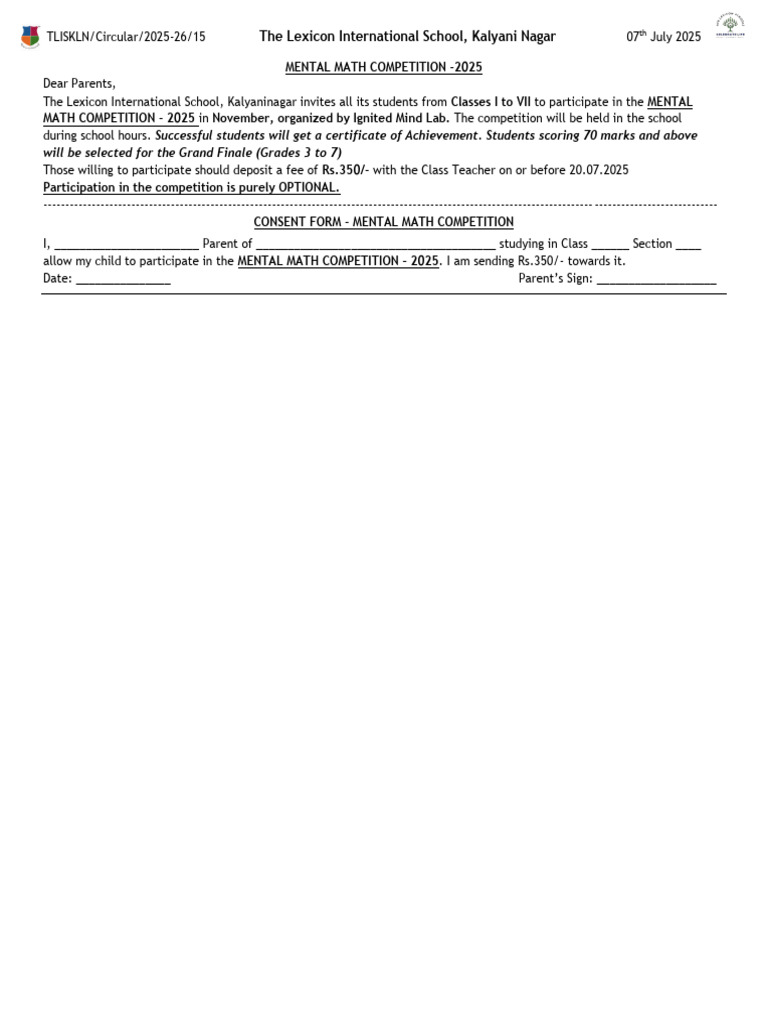 TLISK Mental Math Competition Consent Form 2025-26 | PDF