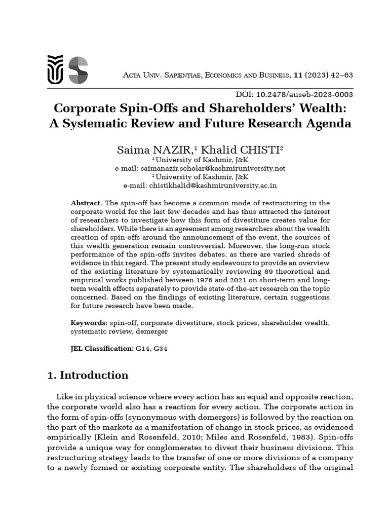 Corporate Spin-Offs and Shareholders' Wealth | PDF | Mergers And ...