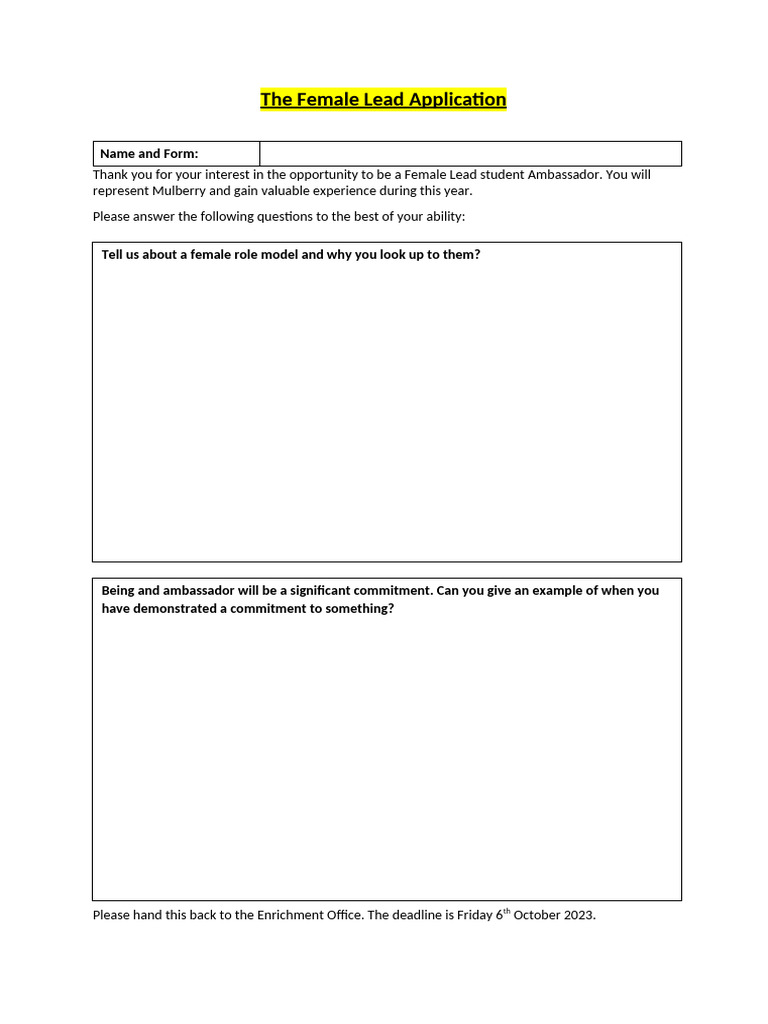 Female Lead Application Form | PDF