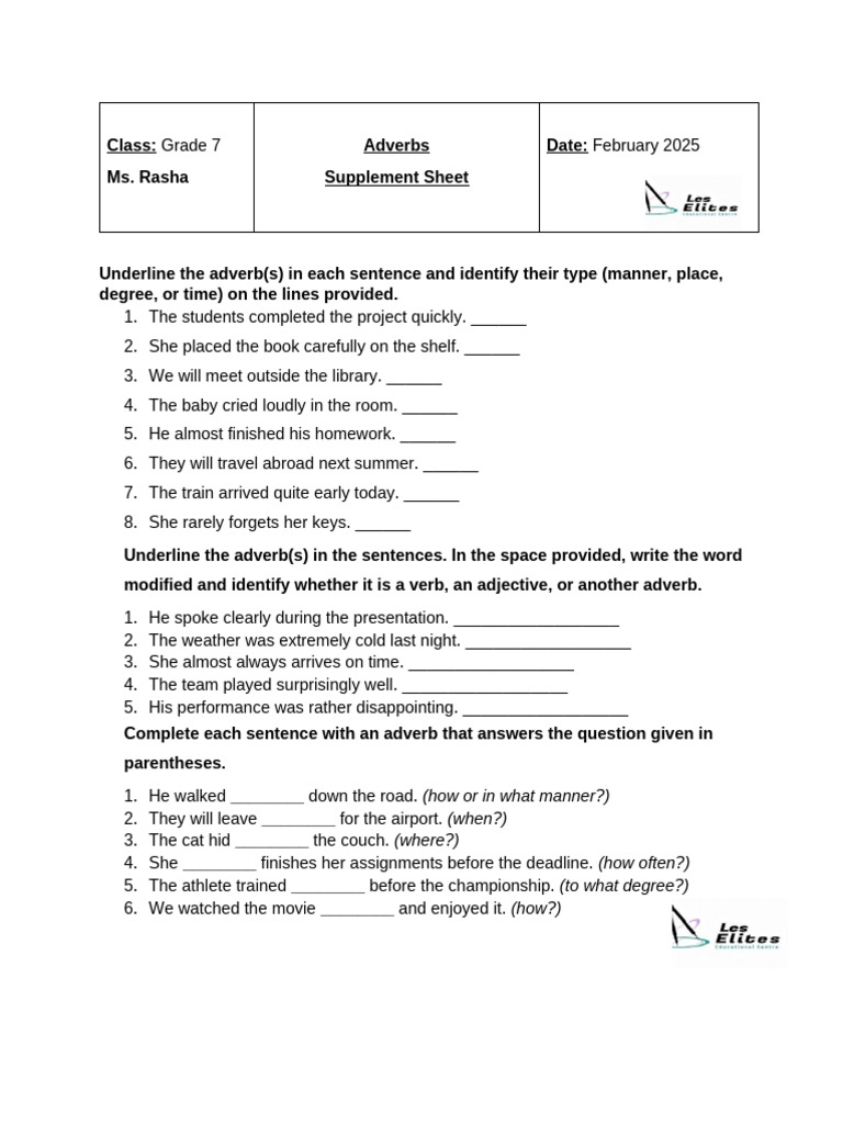 Adverb Exercises for Grade 7 Students | PDF
