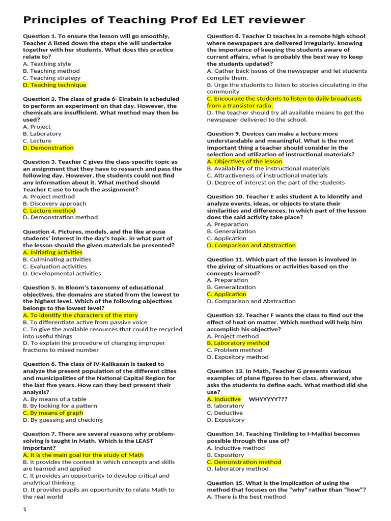 Principles of Teaching Prof Ed LET Reviewer KEY ANSWERS | PDF ...