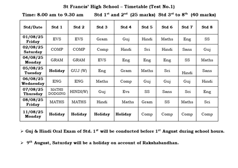 Time Table For Test No.1 - Primary-1 | PDF