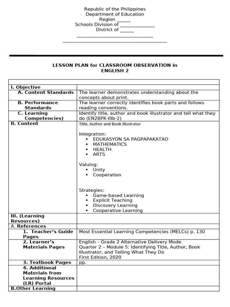 English 2 Lesson Plan: Book Parts | PDF | Books | Learning