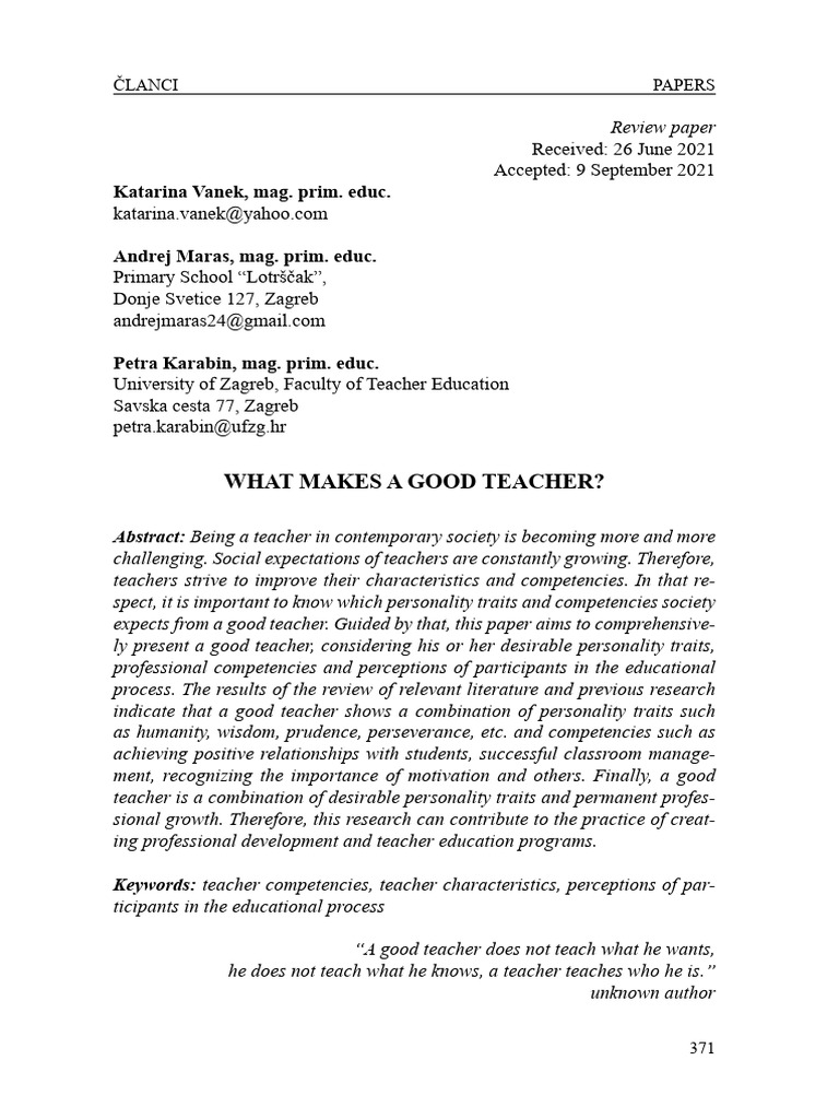 K Vanek A Maras P Karabin What Makes A Good Teacher | PDF | Teachers | Classroom Management