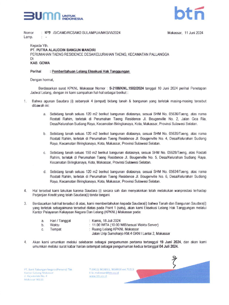 SK 105 Pemberitahuan Lelang Pt. Putra Alauddin Bangun Mandiri (Perumahan) | PDF