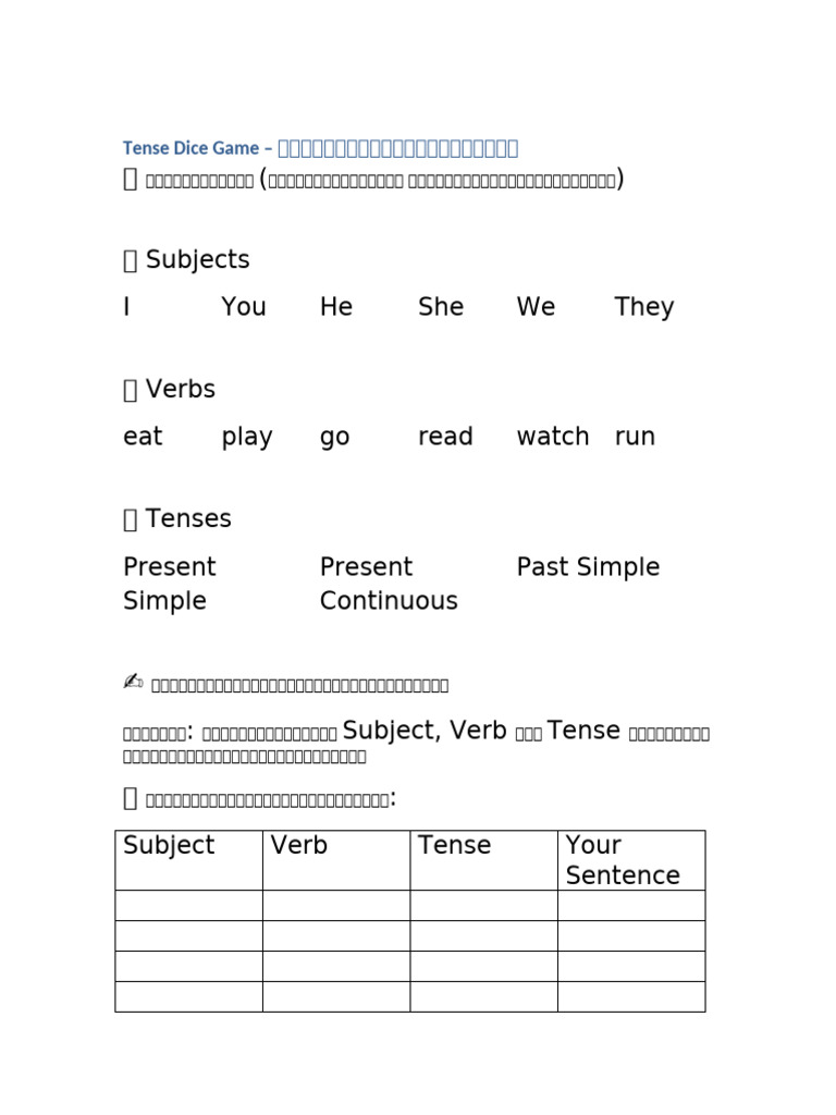 Tense Dice Game Worksheet Primary5 | PDF