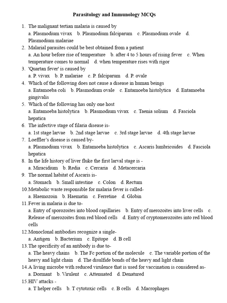 Parasitology and Immunology MCQs Guide | PDF | Immune System | Antibody