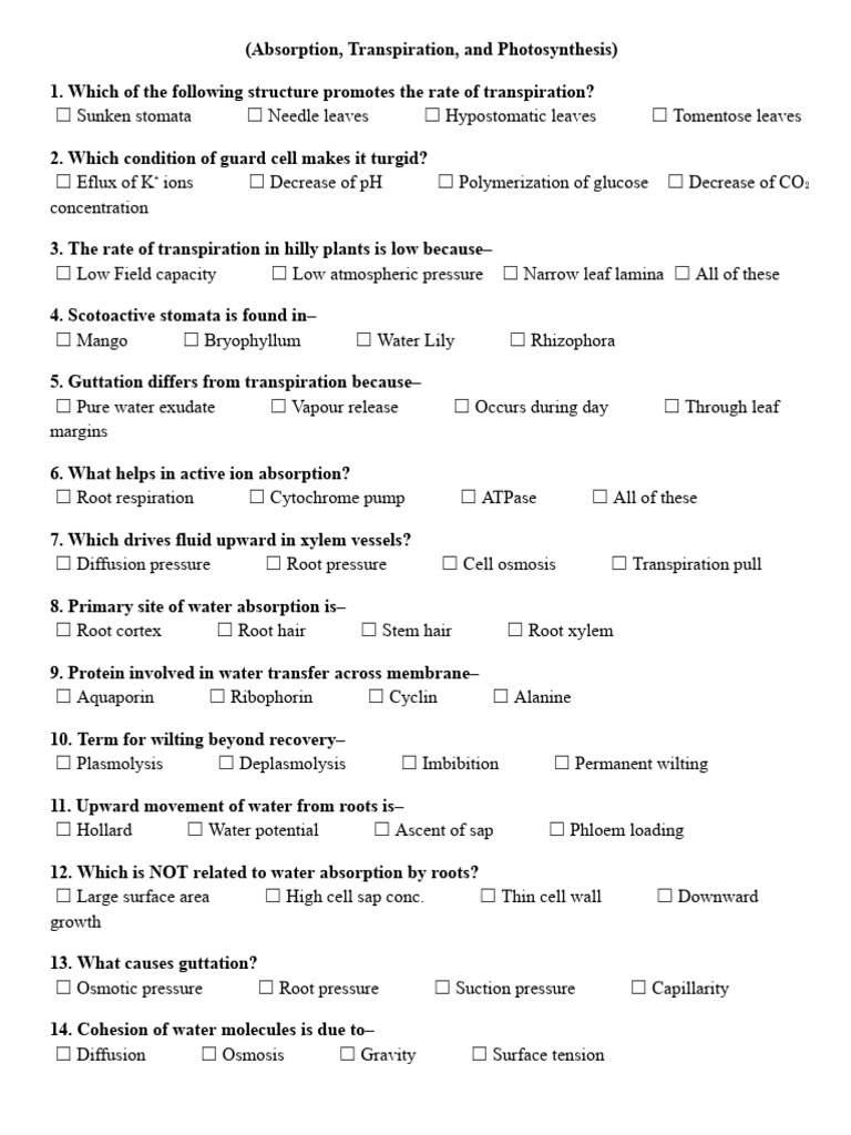 Absorption, Transpiration, and Photosynthesis | PDF | Photosynthesis ...