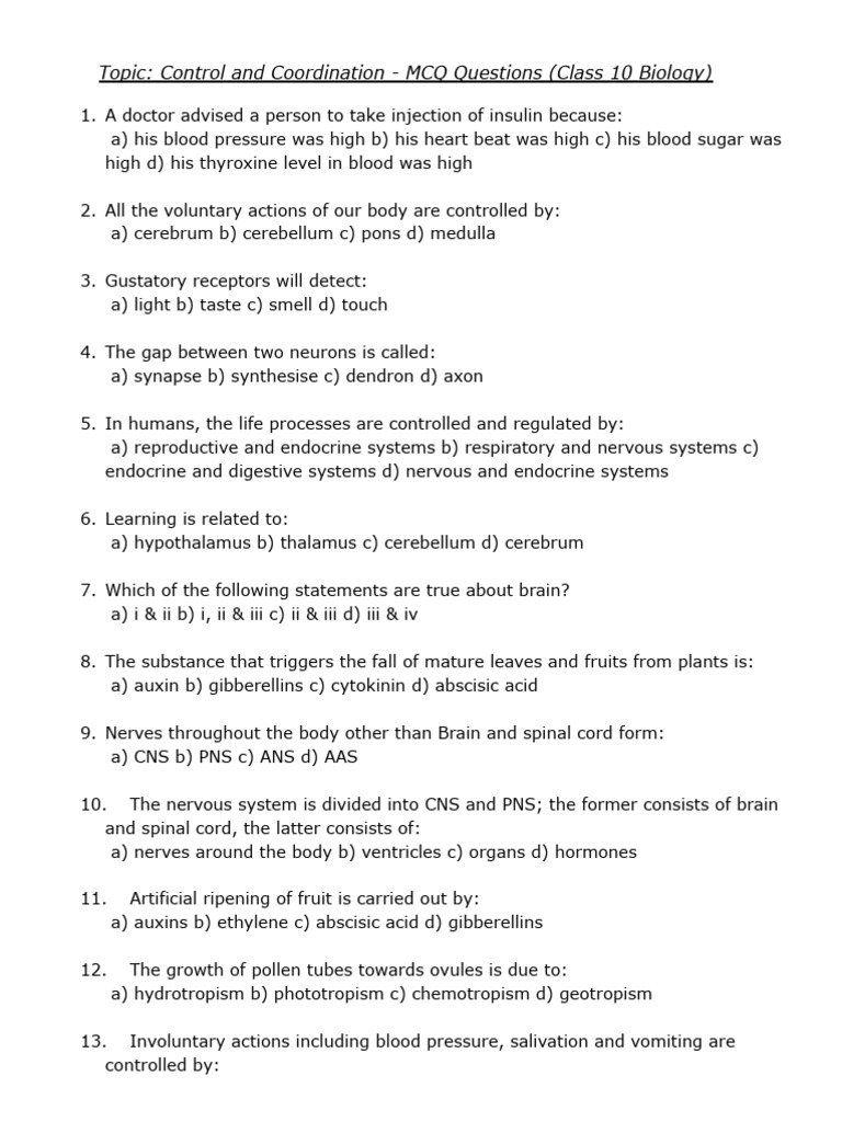 Topic_ Control and Coordination - MCQ Questions (Class 10 Biology) | PDF | Central Nervous ...