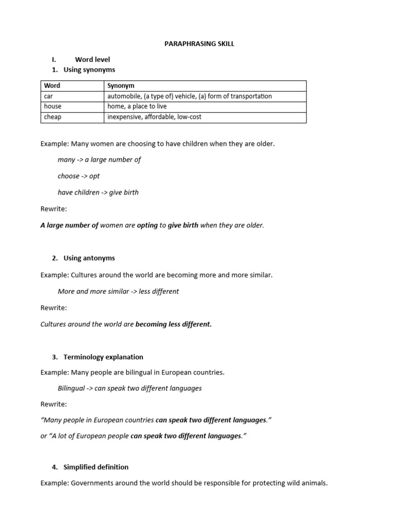 Paraphrasing Techniques and Exercises | PDF