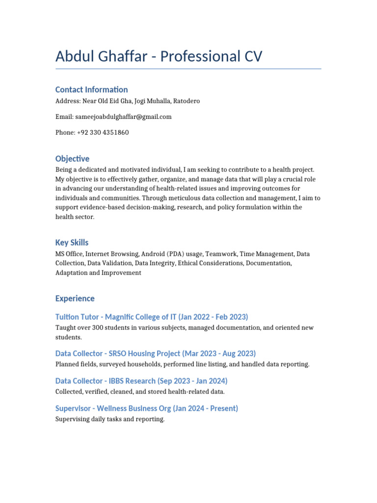 Abdul Ghaffar Professional CV | PDF