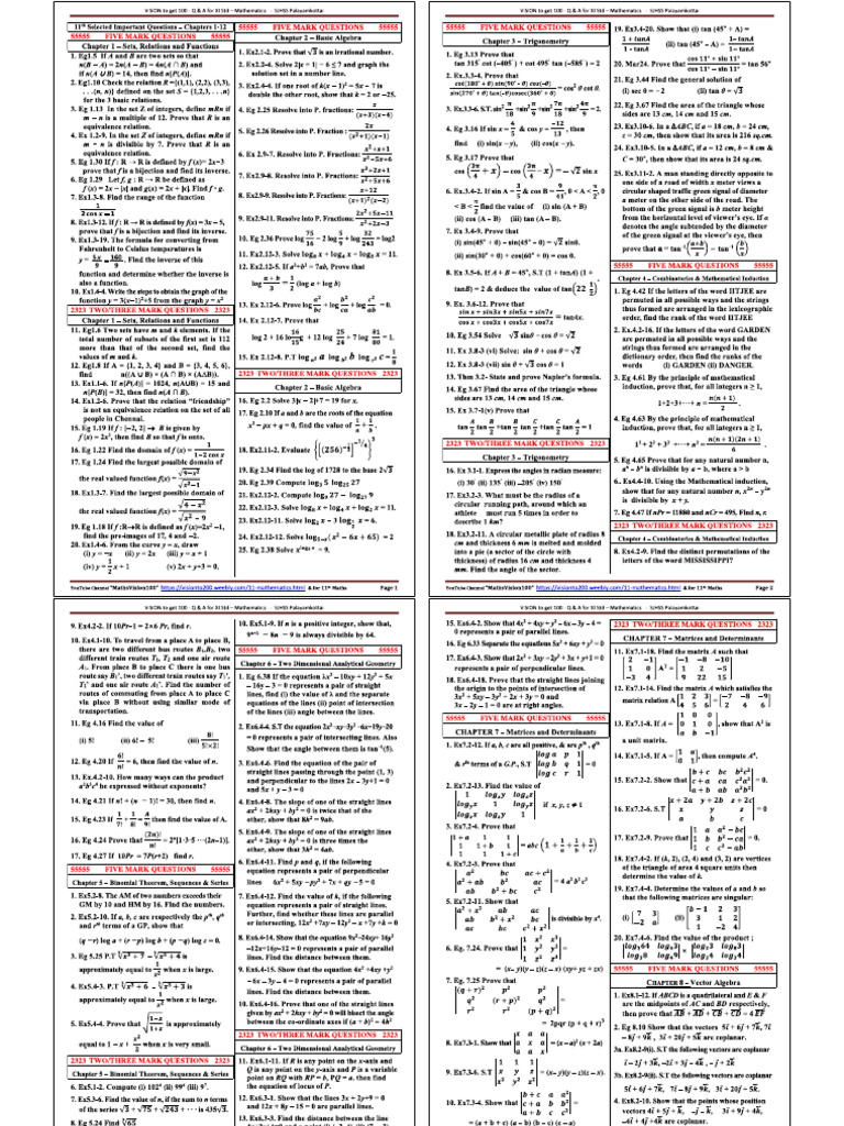 11th Important Questions 1-12 & Answers (50 Pages) (2 Pages Per Sheet ...