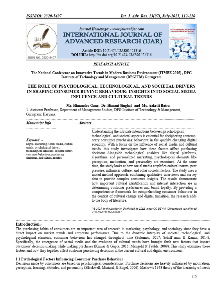 THE ROLE OF PSYCHOLOGICAL, TECHNOLOGICAL, AND SOCIETAL DRIVERS IN SHAPING CONSUMER BUYING ...