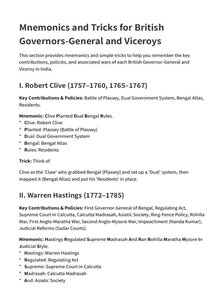 Mnemonics for Indian Governors-General | PDF | Charles Cornwallis, 1st ...