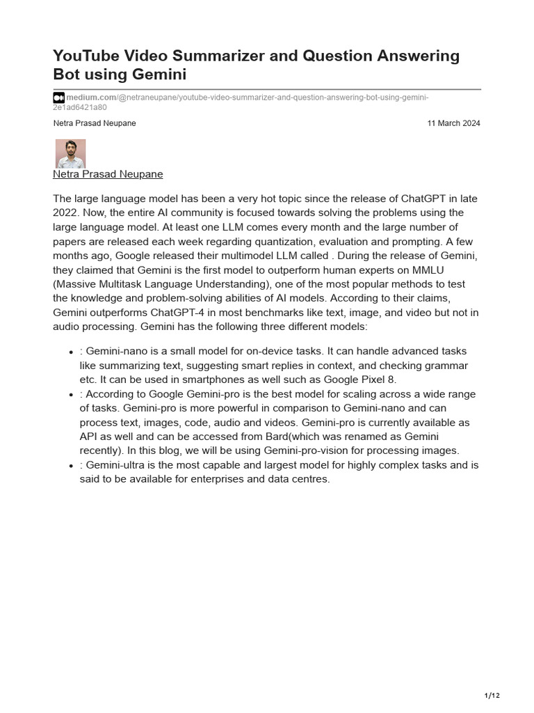 YouTube Video Summarizer and Question Answering Bot Using Gemini | PDF | Quantum Computing ...