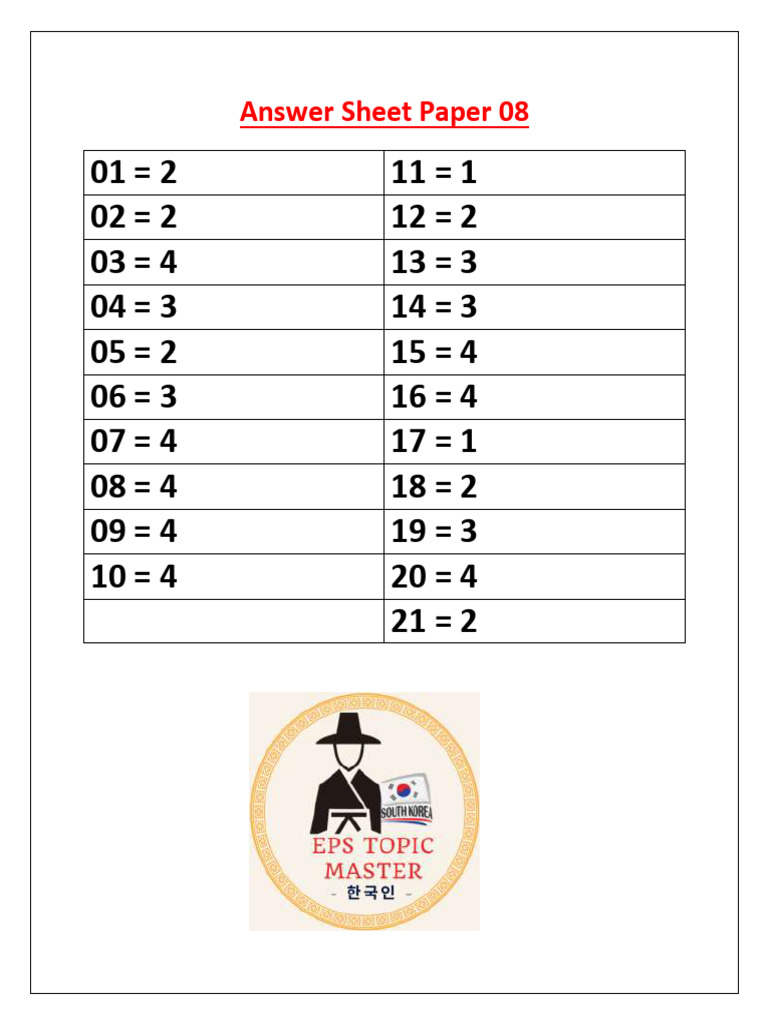 Answer Sheet Paper 08 New | PDF