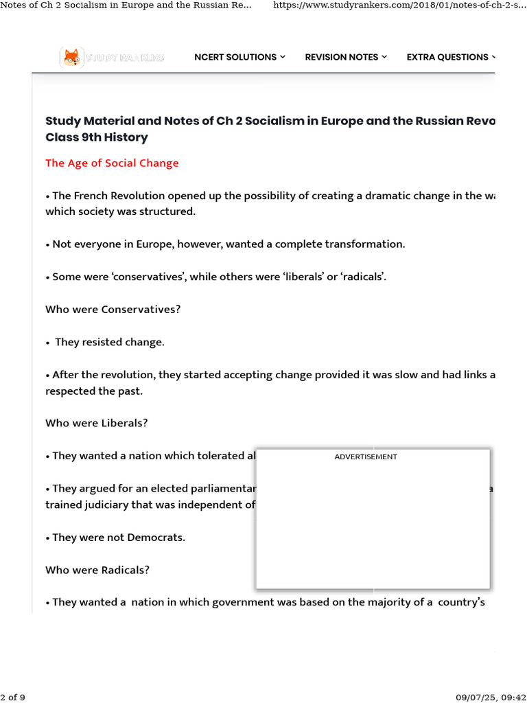 Notes of CH 2 Socialism in Europe and The Russian Revolution - Class ...