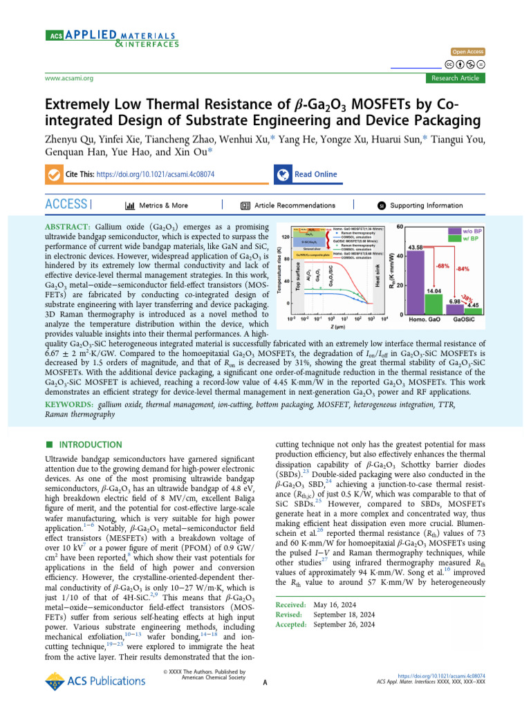 Qu Et Al 2024 Extremely Low Thermal Resistance of β Ga2o3 Mosfets by Co ...