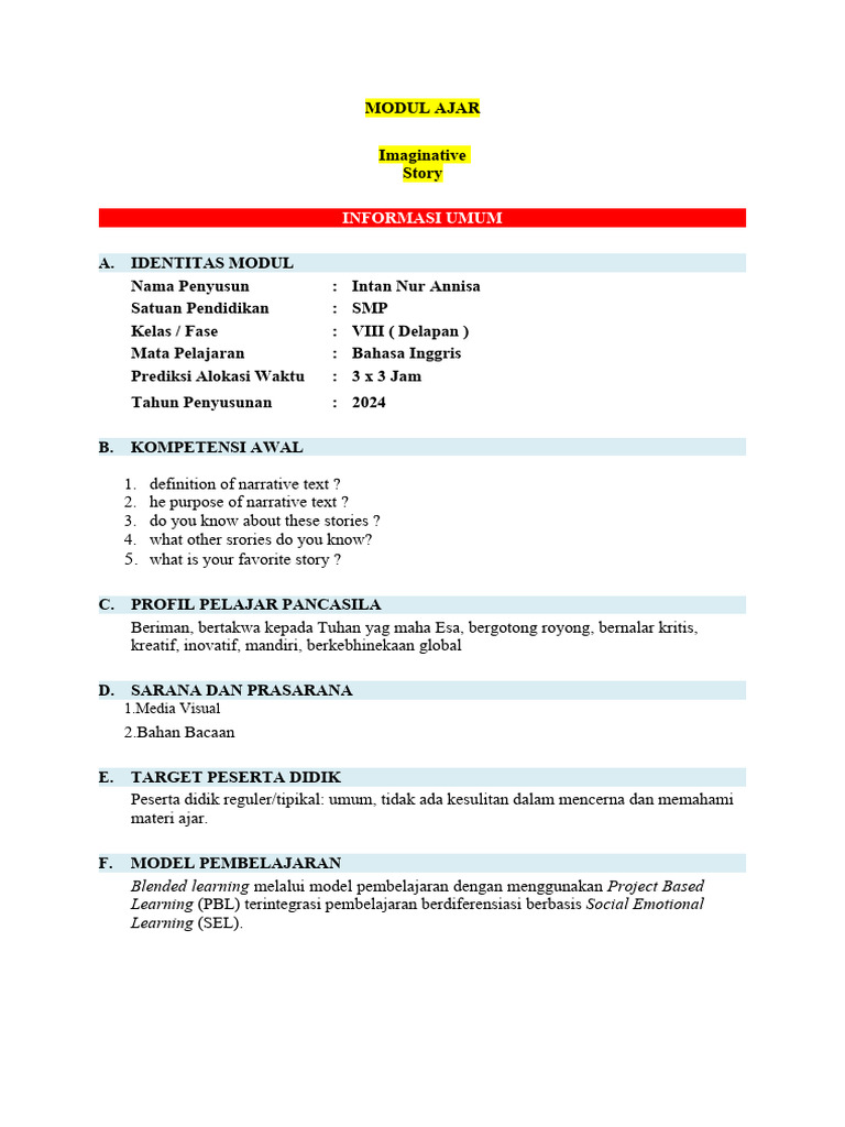 Modul Ajar Teks Narasi Bahasa Inggris | PDF