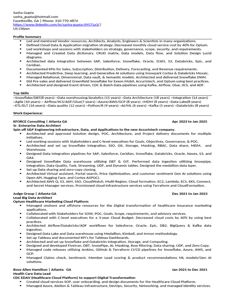 Data Architect Profile: Sasha Gupta | PDF | Cloud Computing | Oracle ...