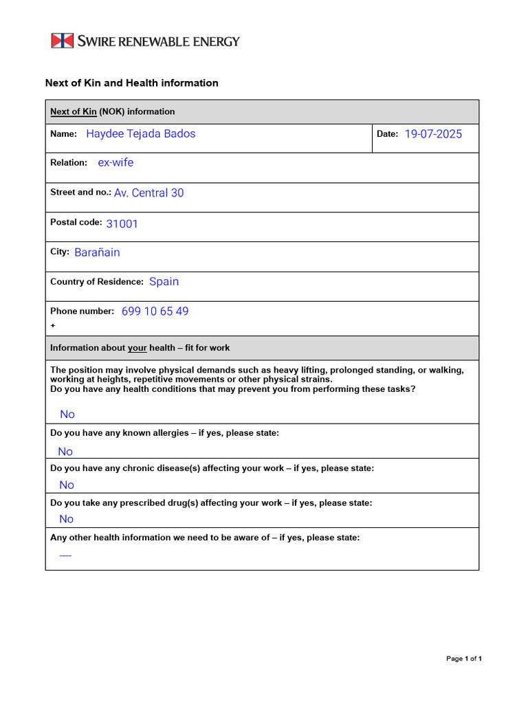 Next of Kin & Health Form - SRE | PDF