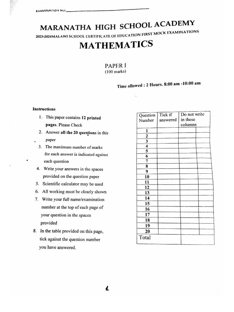 Maranatha Mock 1 Mathematics p1 | PDF