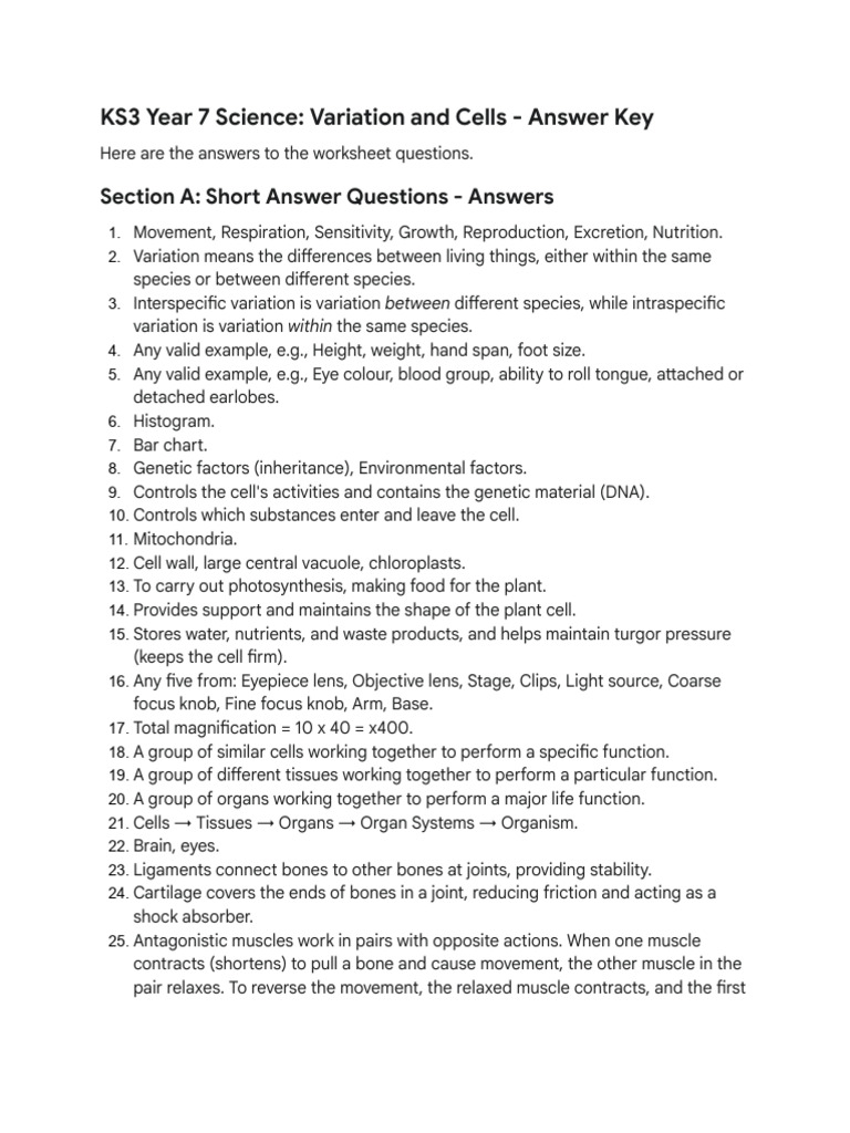 Year 7 Science: Cells Answer Key | PDF | Cell (Biology) | Human Body