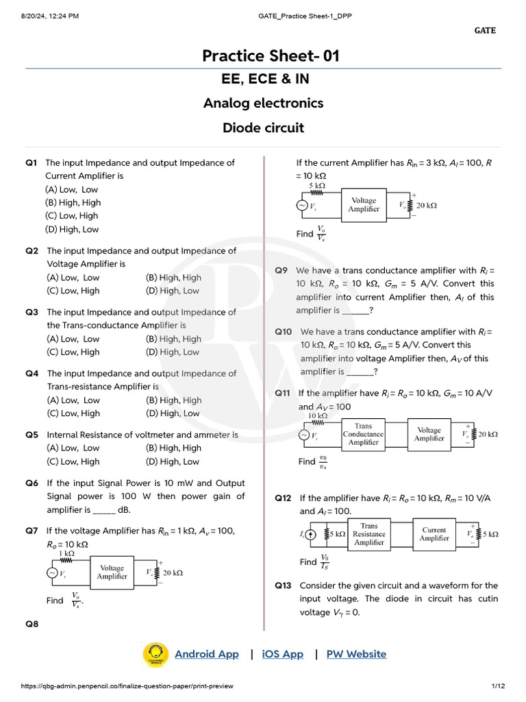 Practice Sheet-: Analog Electronics Diode Circuit | PDF | Rectifier ...