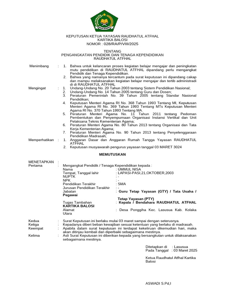 Contoh SK Pengangkatan Pendidik Dan Tenaga Kependidikan Revisi | PDF