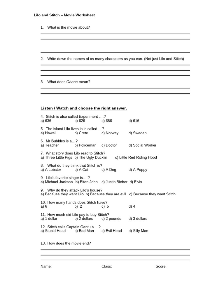 Lilo and Stitch Movie Worksheet | PDF