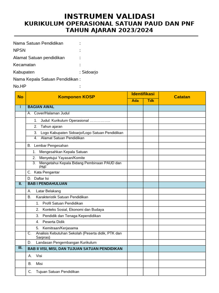 Instrumen Validasi Kos Paud-Pnf Ta 23-24 | PDF