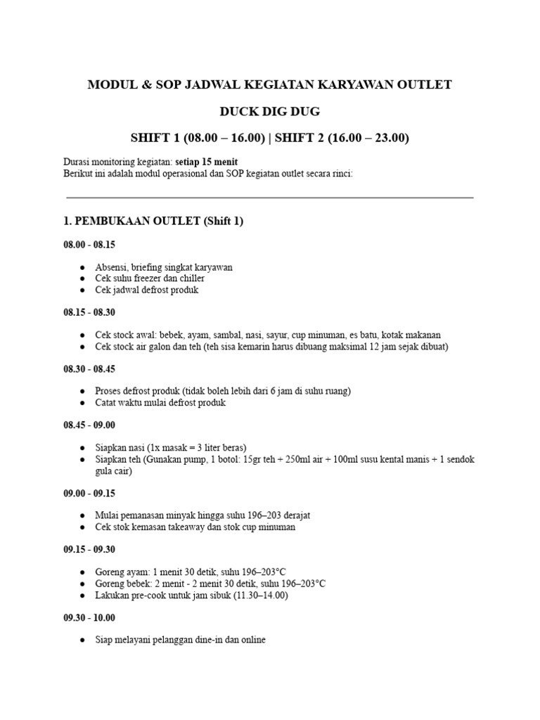 Modul & Sop Jadwal Kegiatan Karyawan Outlet | PDF