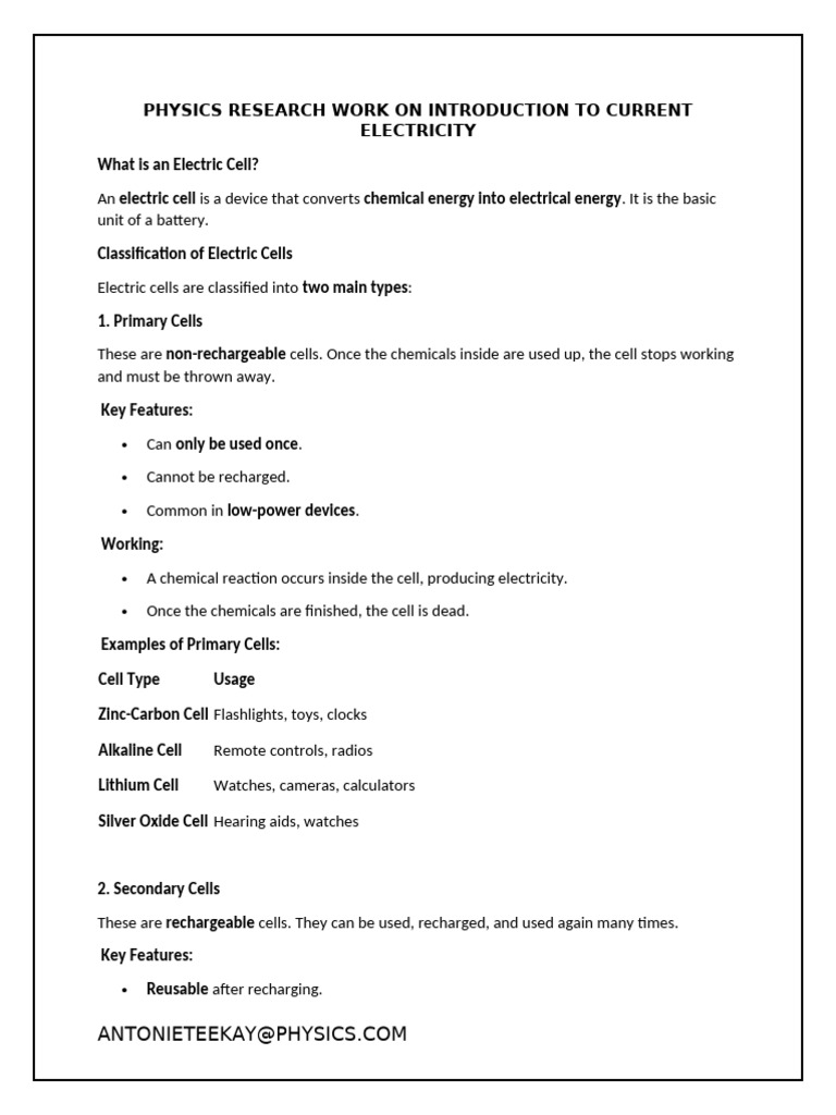 Types of Electric Cells Explained | PDF | Electric Current ...