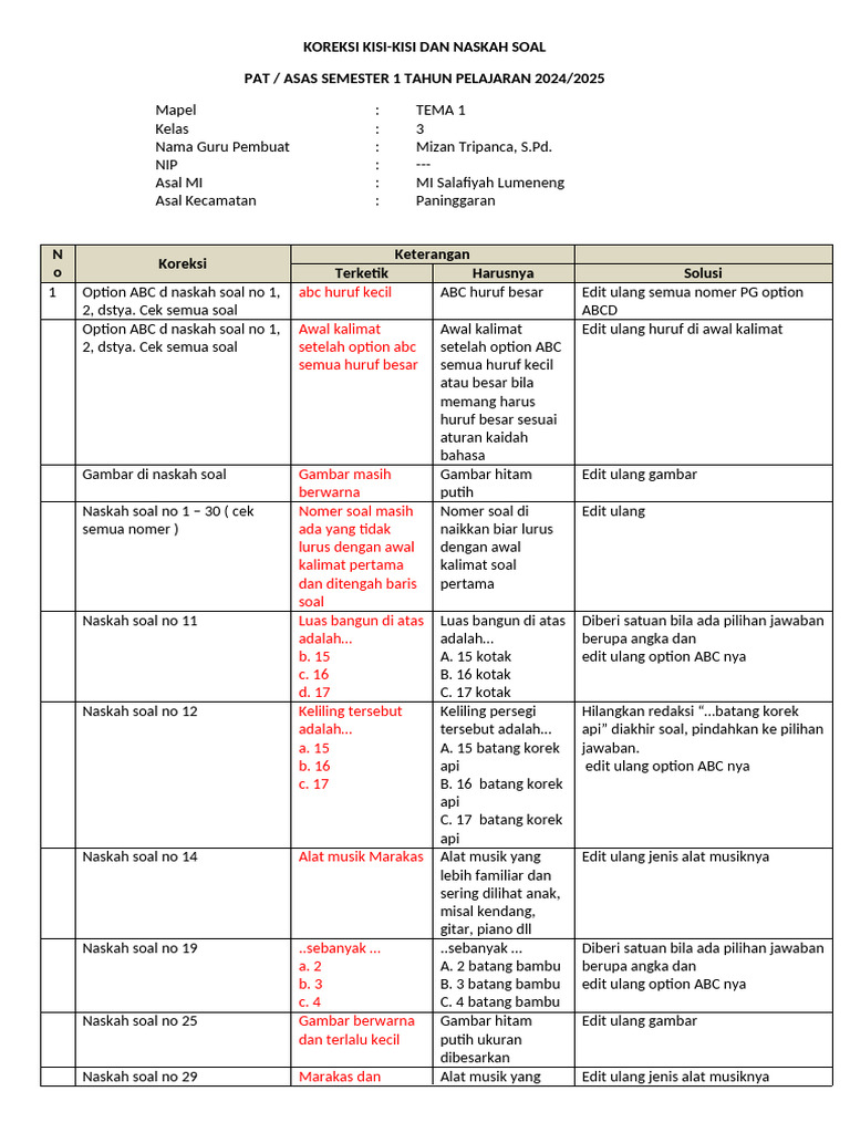 Lembar Koreksi Pas Asas 2024 | PDF