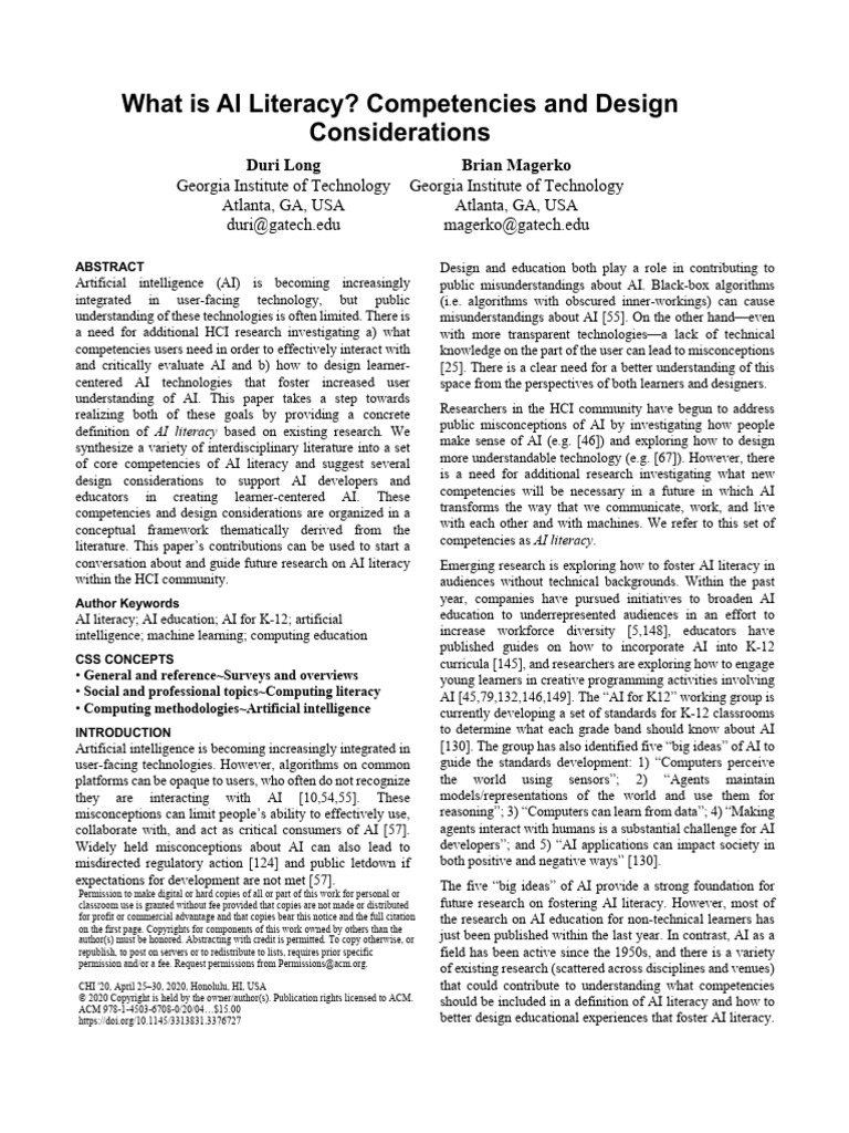 What Is AI Literacy. Competencies and Design Considerations - Duri Long ...