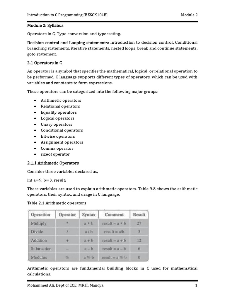 BESCK104E Intro To C Module 2 | PDF | Division (Mathematics) | Control Flow