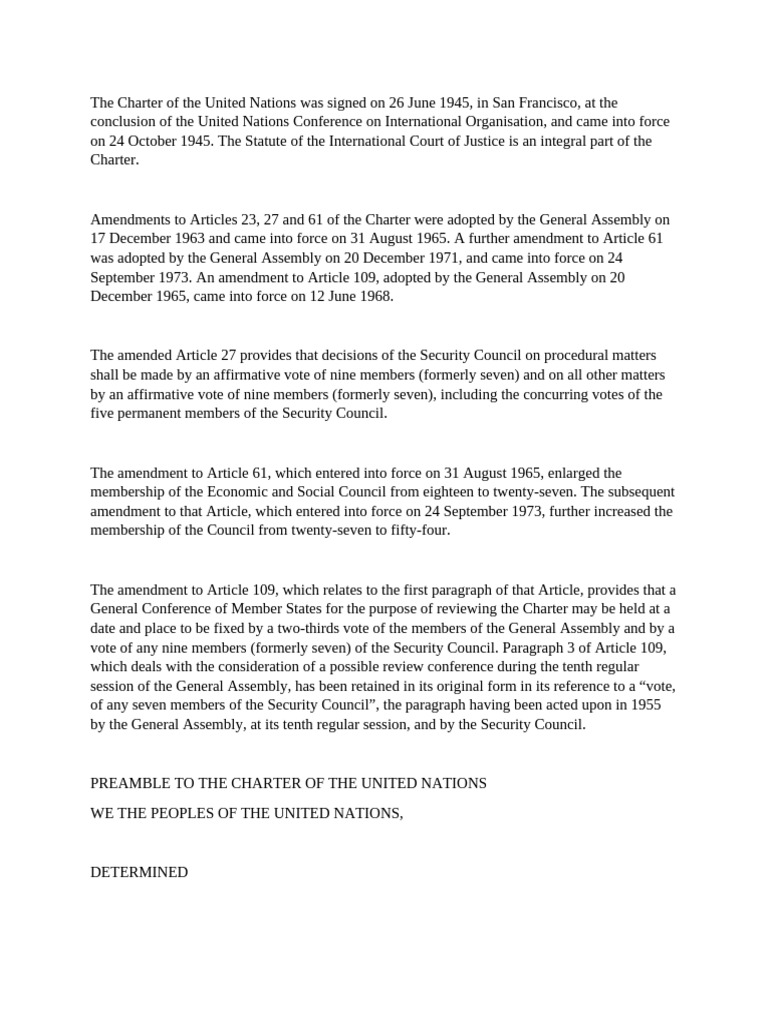 The Charter of The United Nations Was Signed On 26 June 1945 | PDF ...