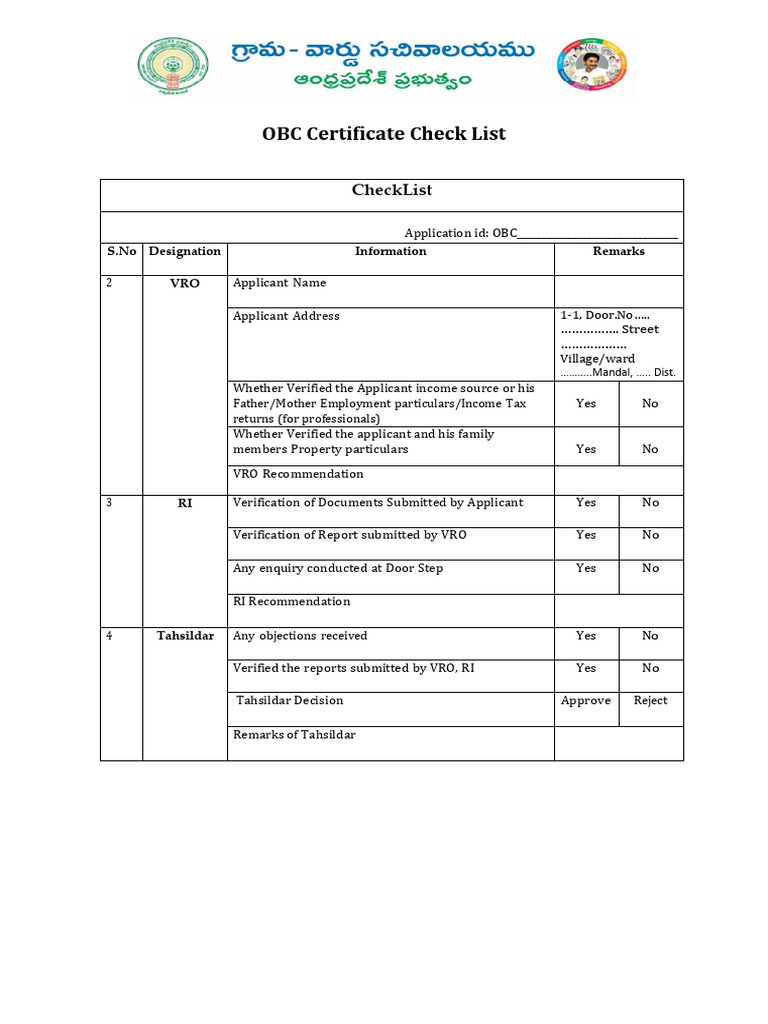 OBC Certificate Check List VRO | PDF
