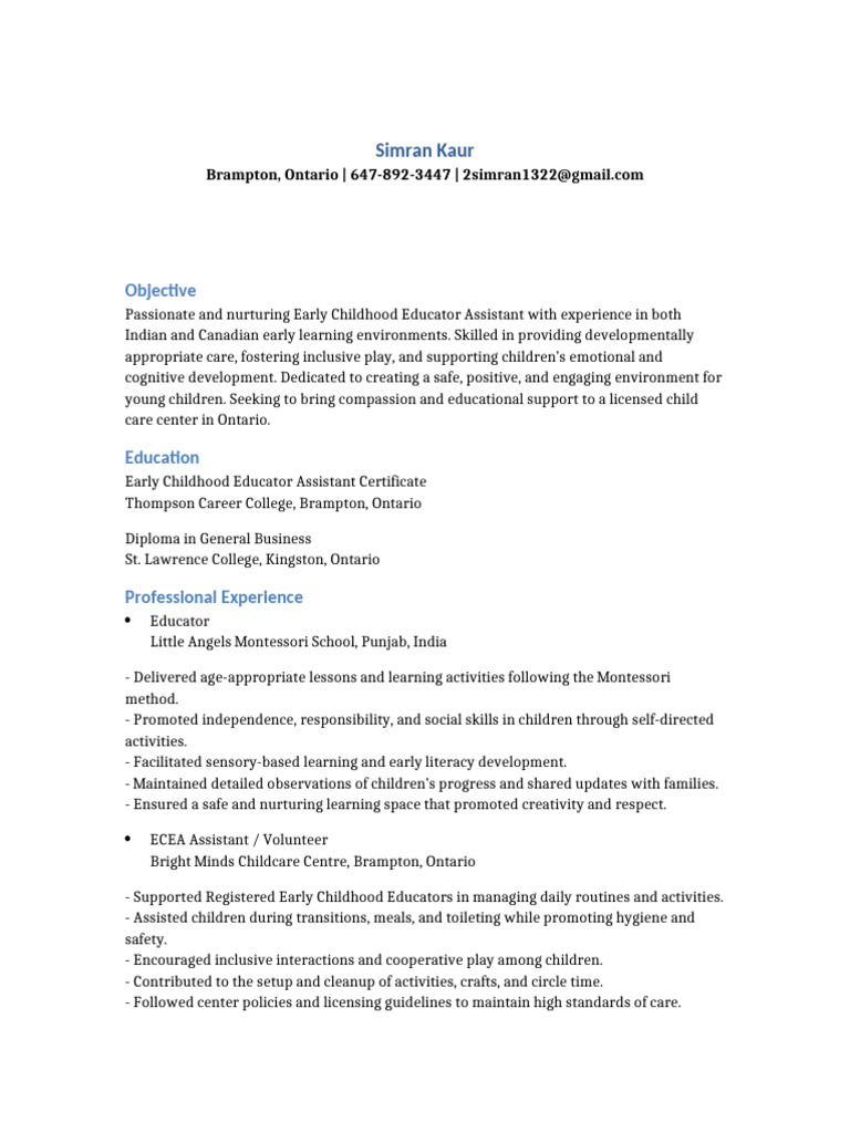 ECEA Resume for Ontario Childcare Role | PDF