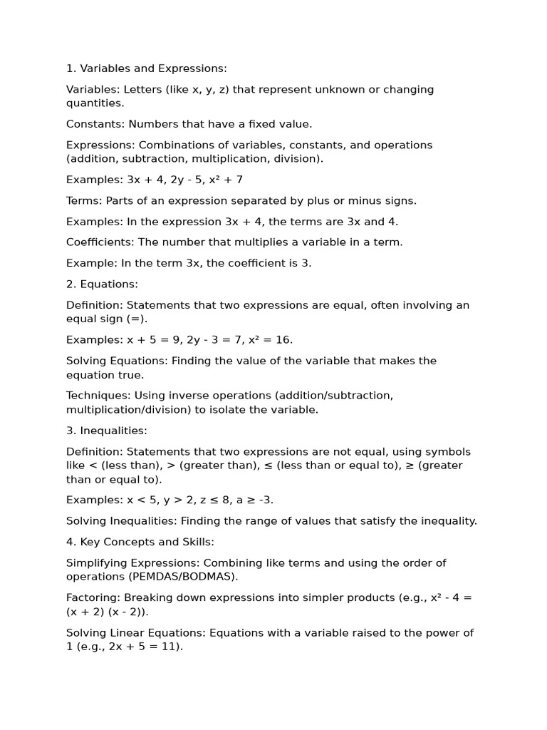 Algebra Notes Grade 9 | PDF