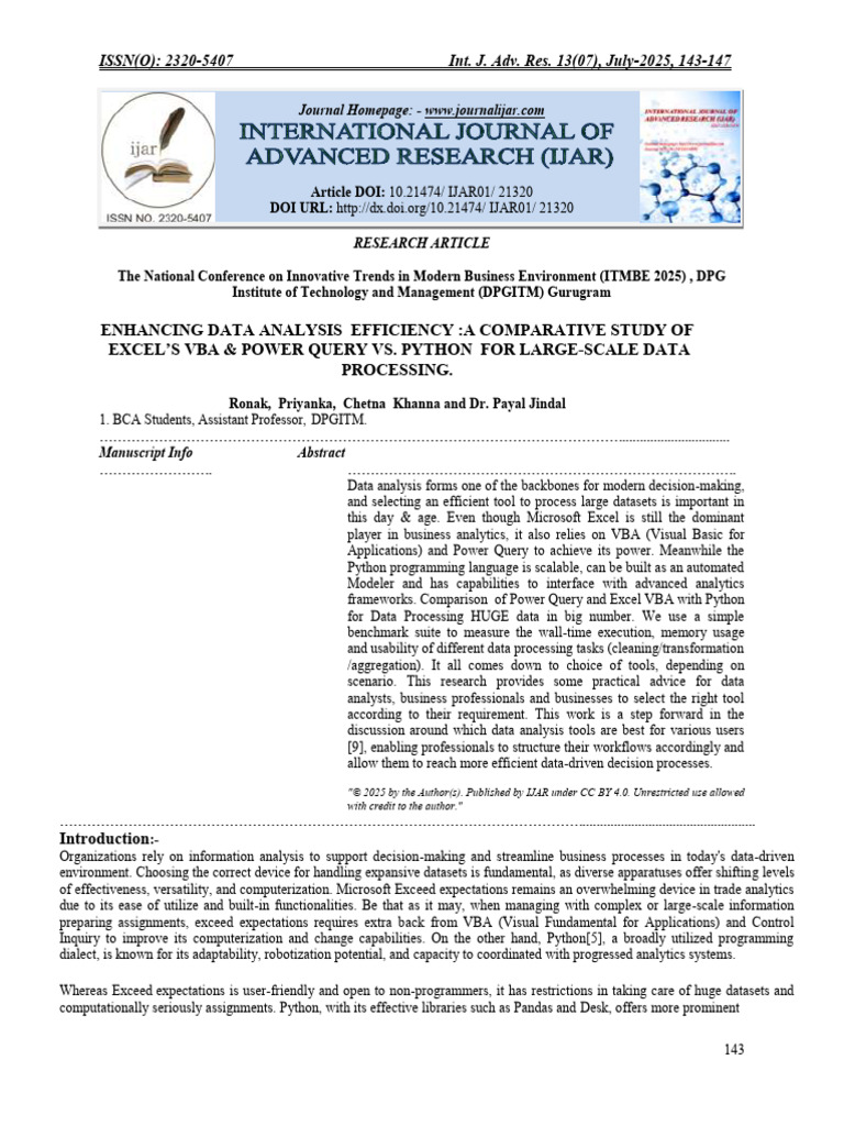 Enhancing Data Analysis Efficiency :a Comparative Study of Excels Vba & Power Query vs. Python ...