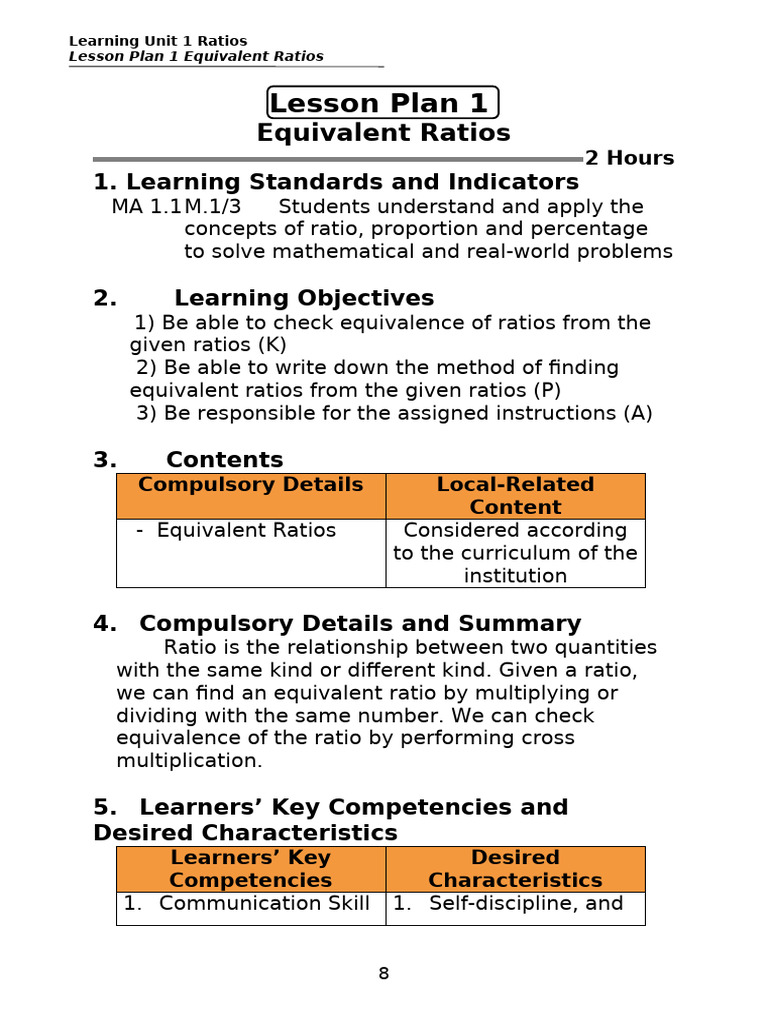 Lesson Plan 1-1 Equivalent Ratios | PDF | Learning | Ratio