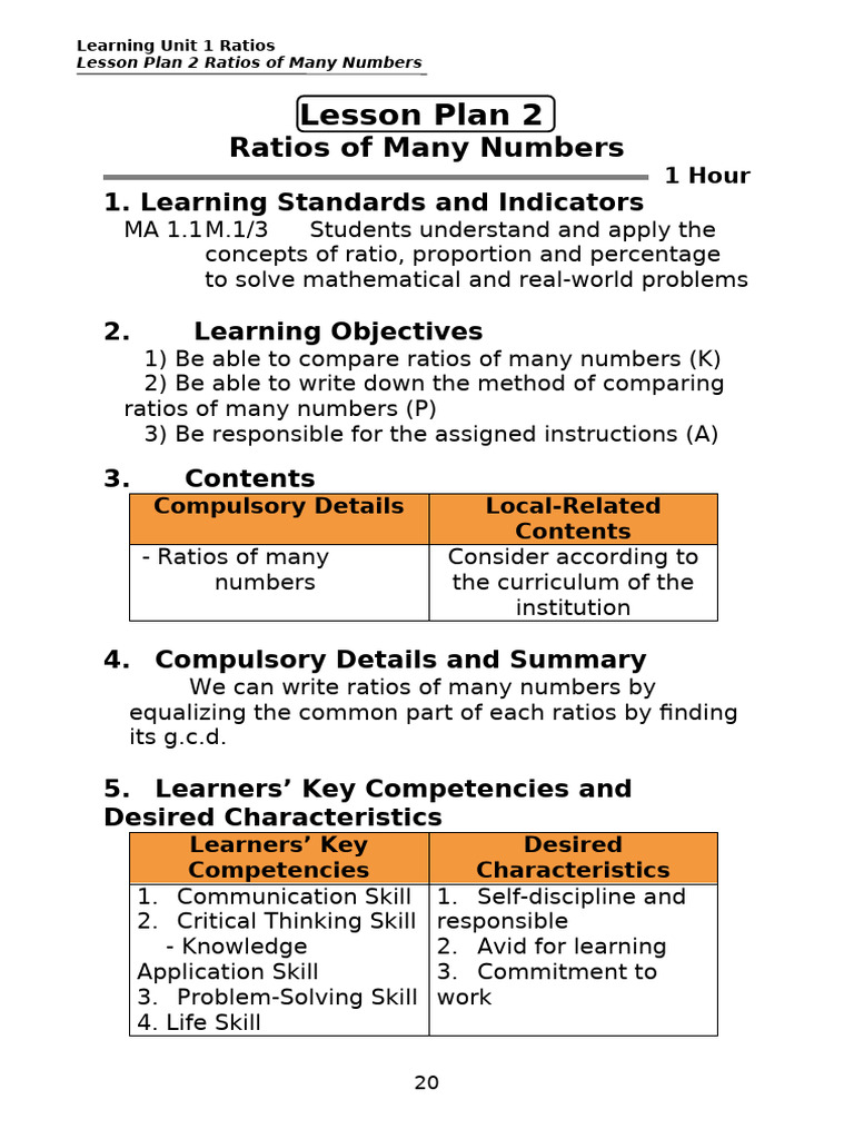 Lesson Plan 1-2 Ratios of Many Numbers | PDF | Learning | Lesson Plan